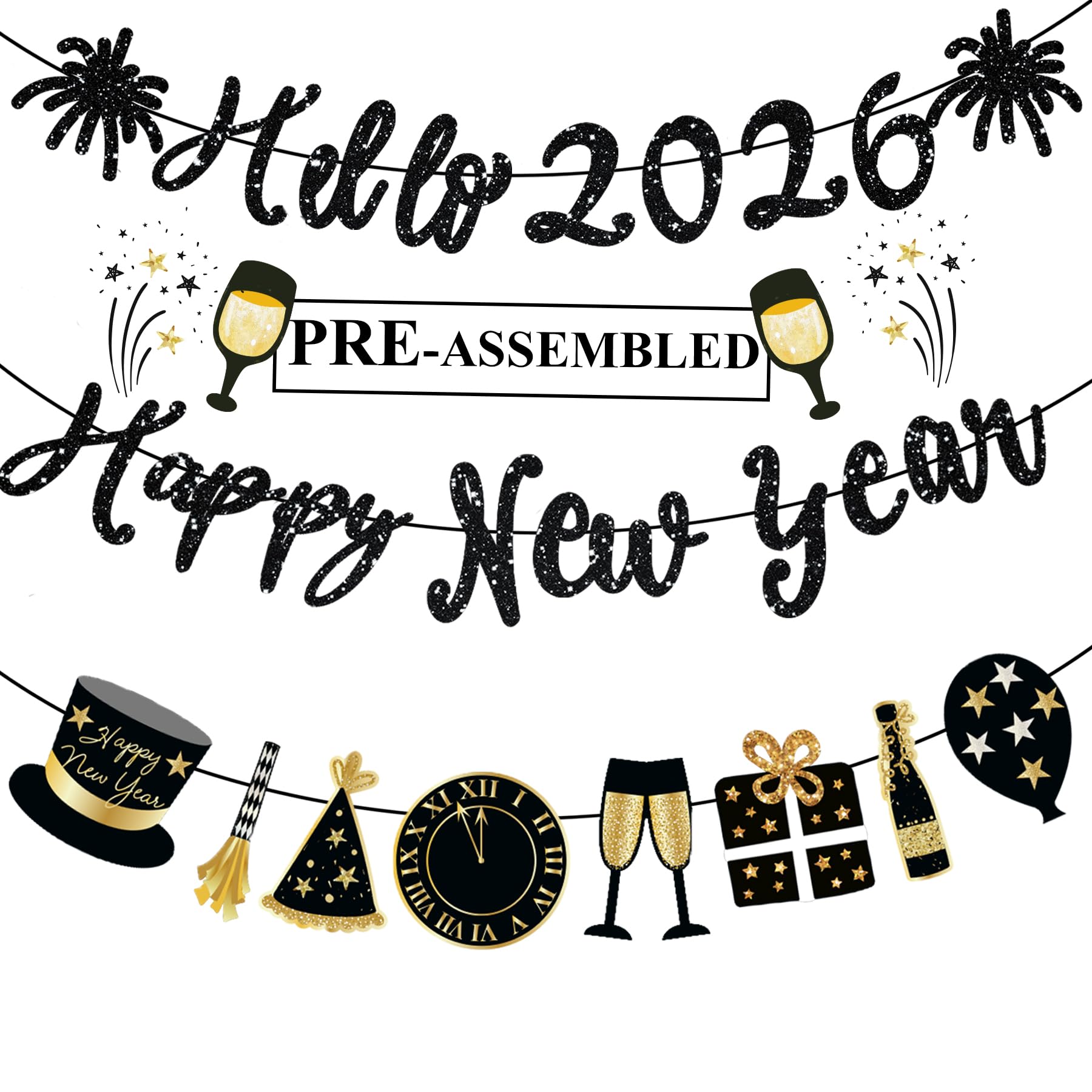 Happy New Year Banner Black Glitter Pre-Strung Hello 2026 NYE Banner N