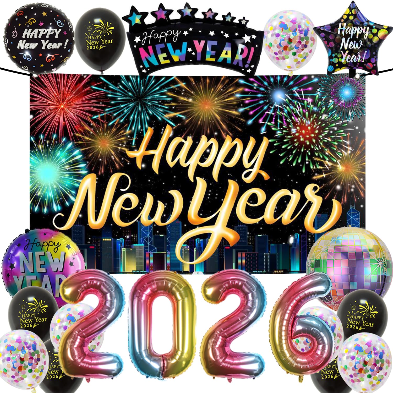 New Years Eve Party Supplies 2026, Rainbow Black Happy New Year Decora